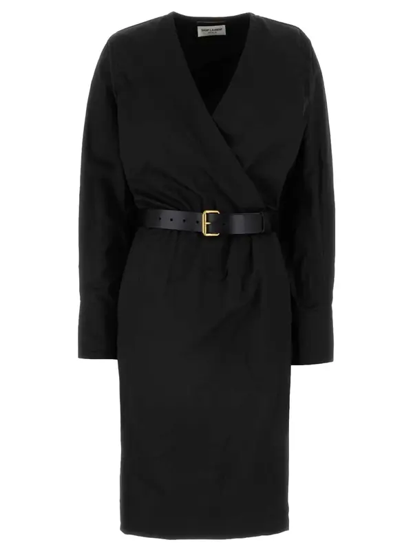 Saint Laurent Belted Wrap Midi Dress - Black