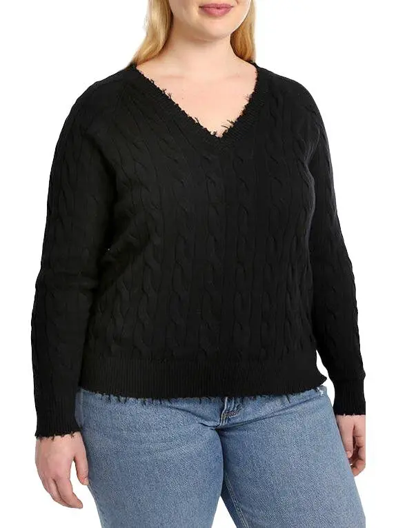 Minnie Rose Frayed V-neck Cable Knit Cotton Pullover - Black