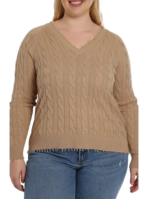 Minnie Rose Frayed V-neck Cable Knit Cotton Pullover - Brown Sugar
