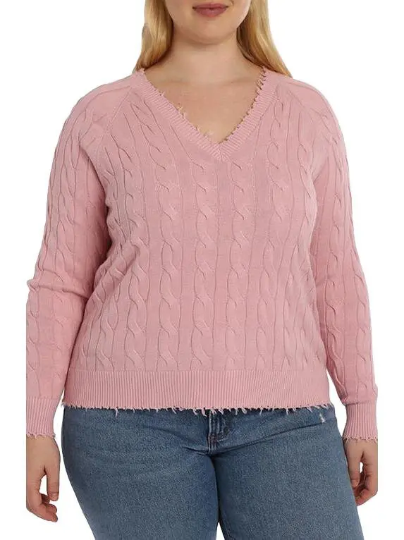 Minnie Rose Frayed V-neck Cable Knit Cotton Pullover - Pink Pearl