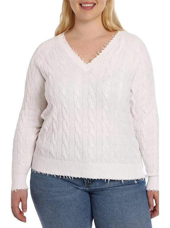 Minnie Rose Frayed V-neck Cable Knit Cotton Pullover - White