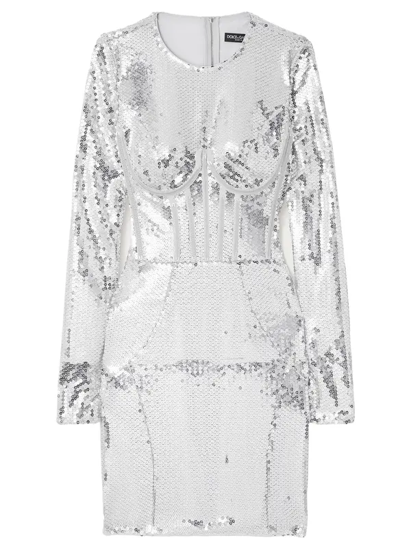 Dolce & Gabbana Sequined Tulle Mini Dress - Silver