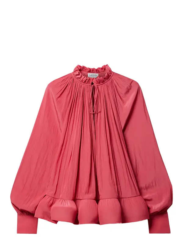 LANVIN Ruffled Gathered Charmeuse Blouse - Pink