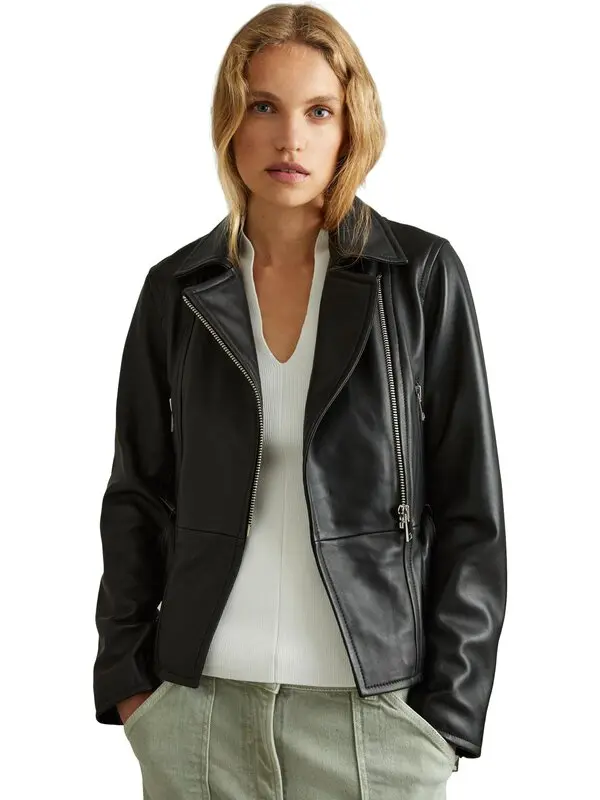 REISS Febe Belted Leather Jacket - Black