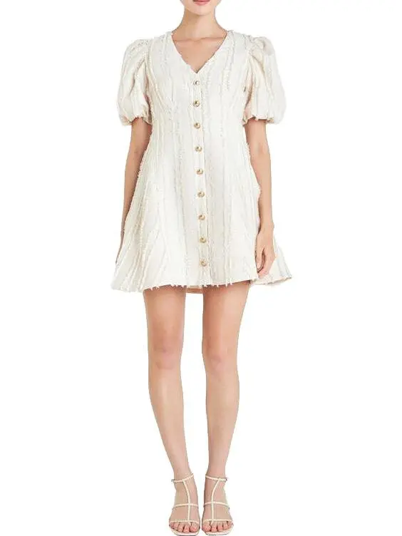 English Factory Textured Puff Sleeve Mini Dress - Beige