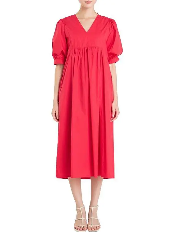English Factory Puff Sleeve Midi Dress - Red