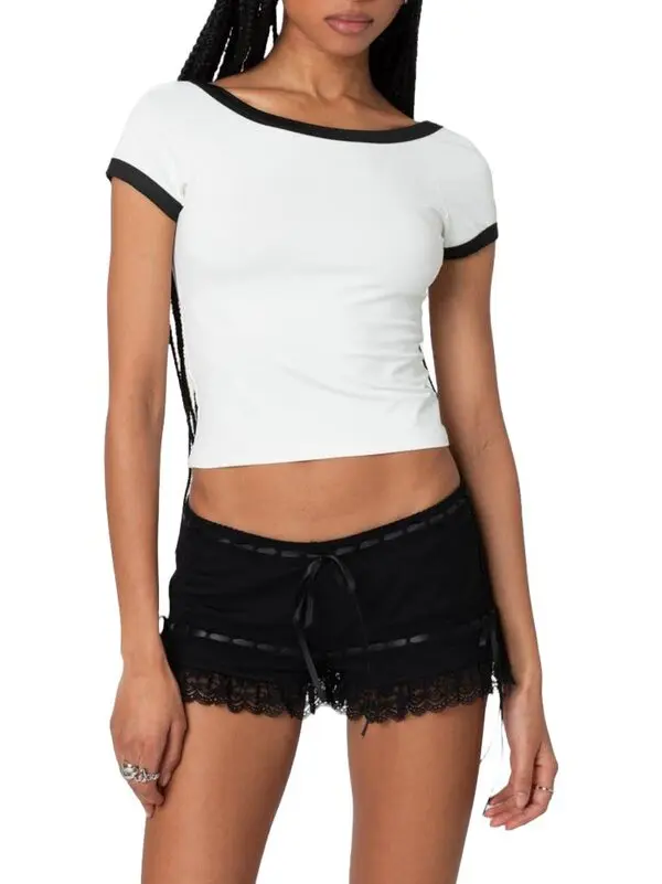 EDIKTED Contrast Trim Scoop Back T-shirt - Black-and-white