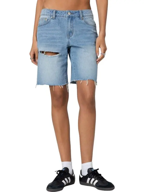 EDIKTED Riptide Ripped Denim Bermuda Shorts - Blue-washed