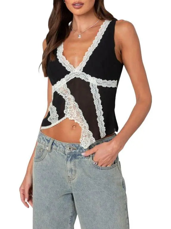 EDIKTED Asymmetric Lace Trim Chiffon Tank Top - Black-and-white