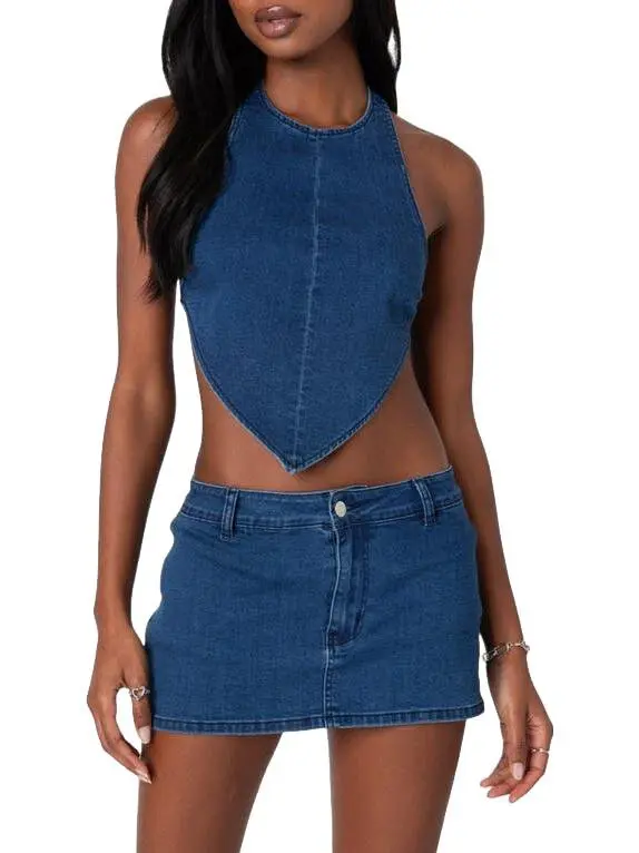 EDIKTED Sydnie Open Back Denim Halter Top - Dark-blue