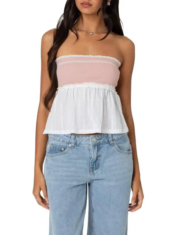 EDIKTED Rena Rib Peplum Tube Top - Pink-and-white