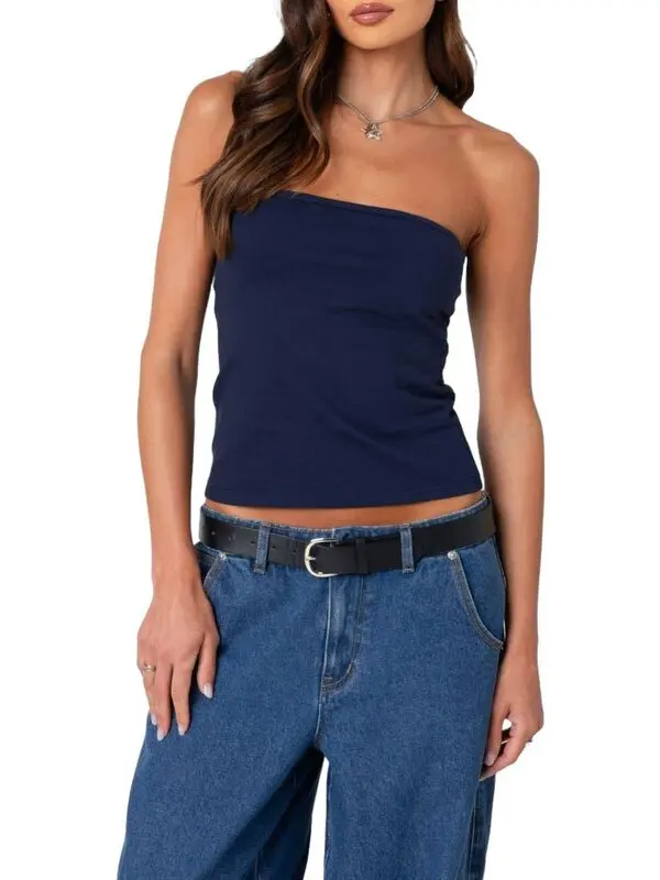 EDIKTED Stretch Cotton Tube Top - Navy
