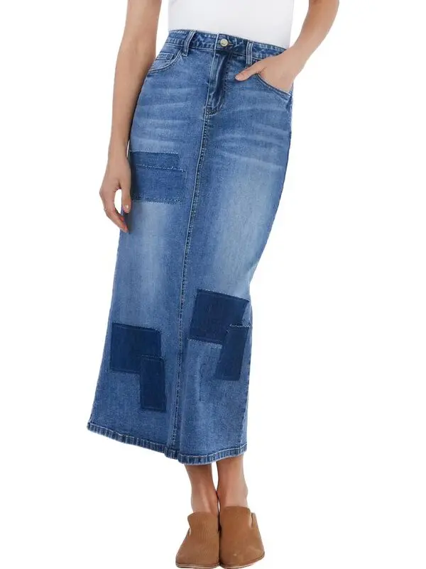 WASH LAB DENIM Patchwork Midi Skirt - Patch Blue