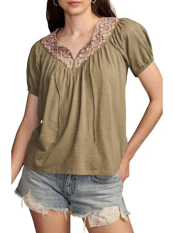 Lucky Brand Embroidered Split Neck Top - Dusty Olive