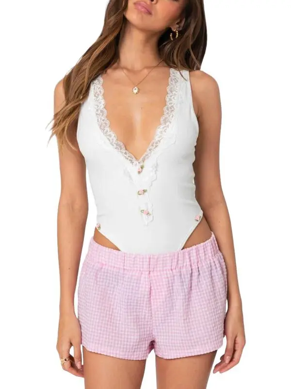 EDIKTED Rosette Lace Trim Bodysuit - White
