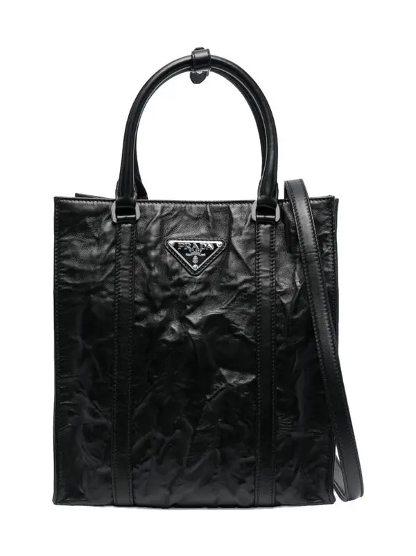 Prada Logo-plaque Crinkle-effect Tote - Black