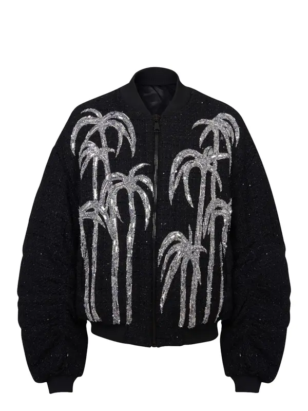 Balmain Palm Tree-print Tweed Bomber Jacket - Black