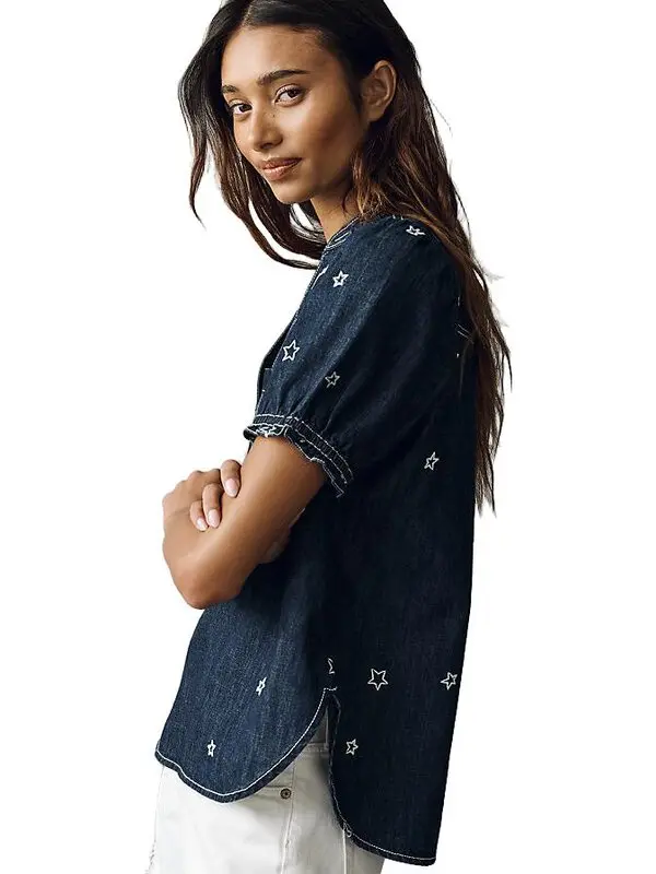 PILCRO Aly Puff-sleeve Blouse - Dark Denim