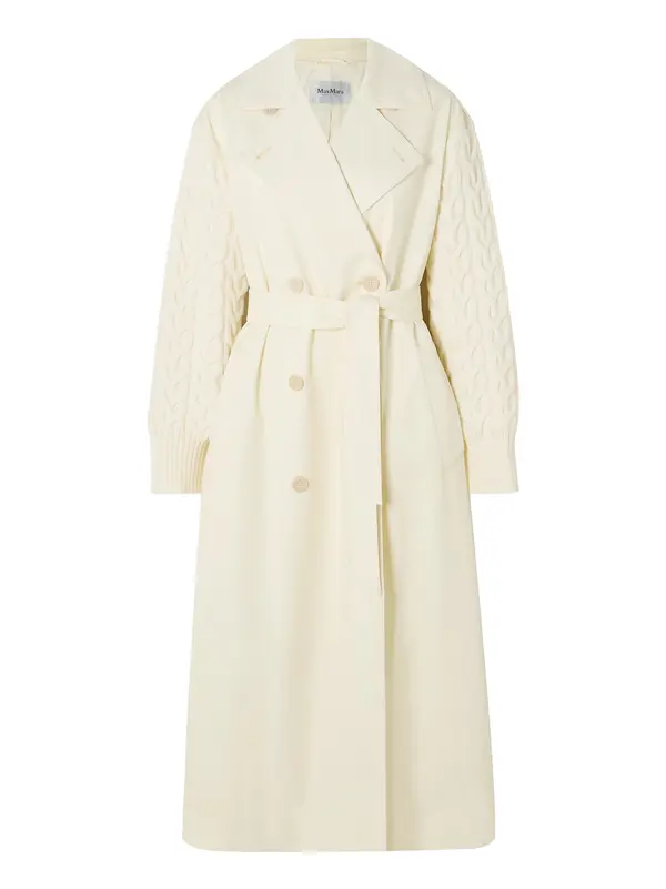 Max Mara Cicladi Cable-knit Trimmed Trench Coat - White