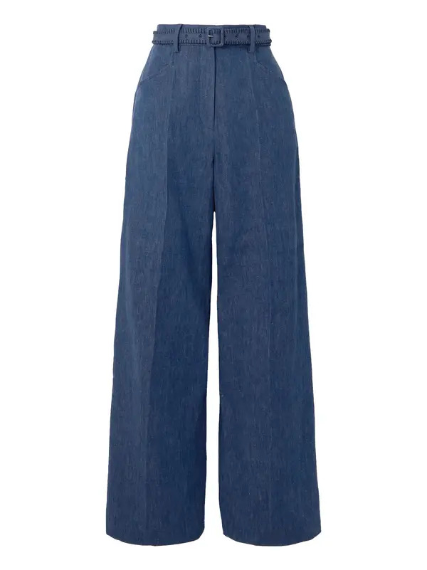 Gabriela Hearst Norman Belted Cotton And Linen-blend Wide-leg Pants - Blue