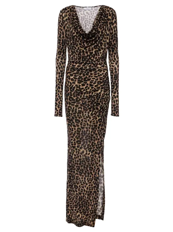 Blumarine Leopard-print Wool Jersey Maxi Dress - Brown
