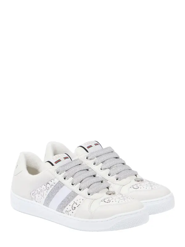 Gucci Screener Embellished Leather Sneakers - White