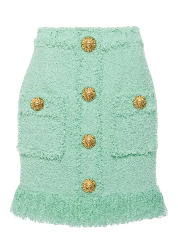 Balmain Fringed Tweed Miniskirt - Green