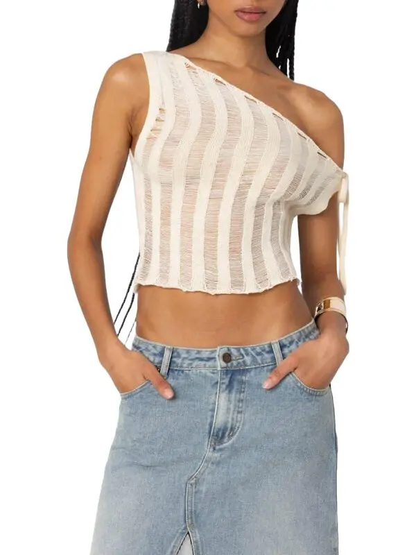 EDIKTED Tamra Asymmetric Ladder Stitch Top - Cream