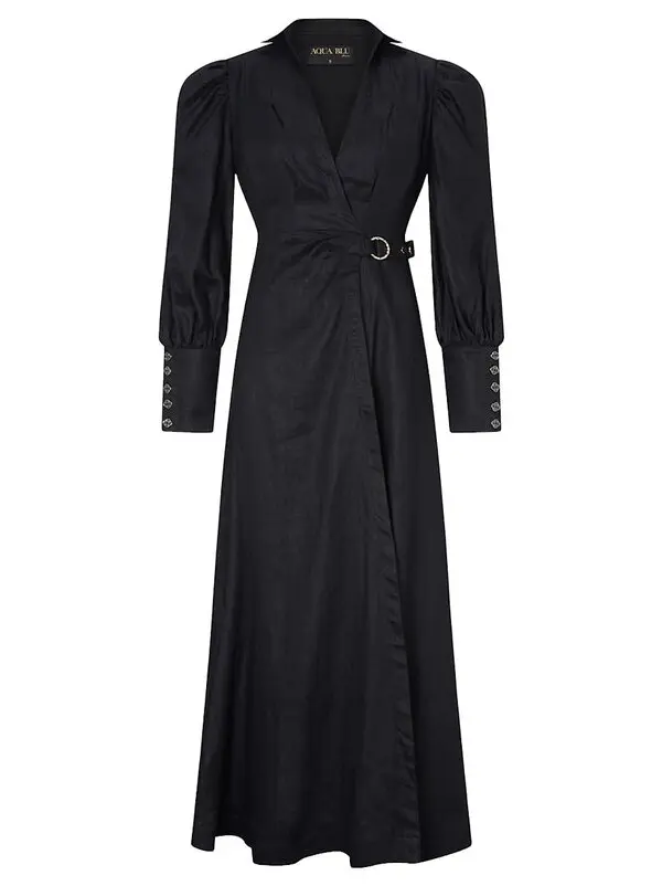 AQUA BLU AUSTRALIA Celine French Linen Wrap Maxi Dress - Nero