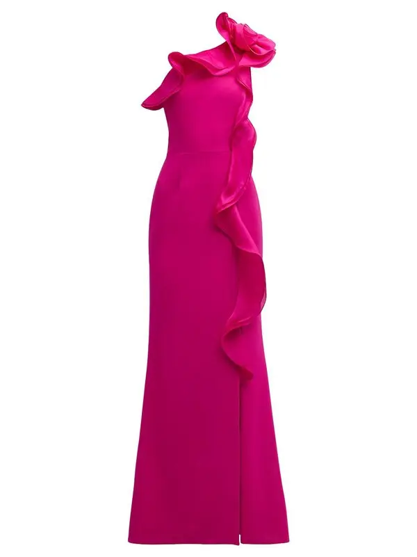 Rickie Freeman For Teri Jon One-shoulder Ruffle Gown - Hot Pink