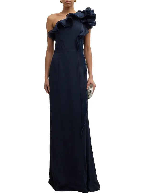 Rickie Freeman For Teri Jon One-shoulder Ruffle Gown - Navy
