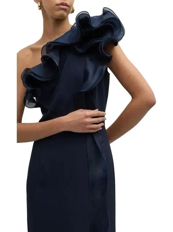 Rickie Freeman For Teri Jon One-shoulder Ruffle Gown - Navy