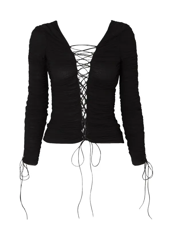 INTERIOR Kit Ruched Lace-up Top - Black