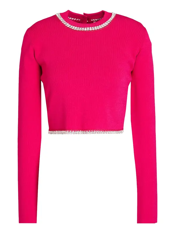 Rabanne Cropped Crystal-embellished Ribbed-knit Sweater - Fuchsia