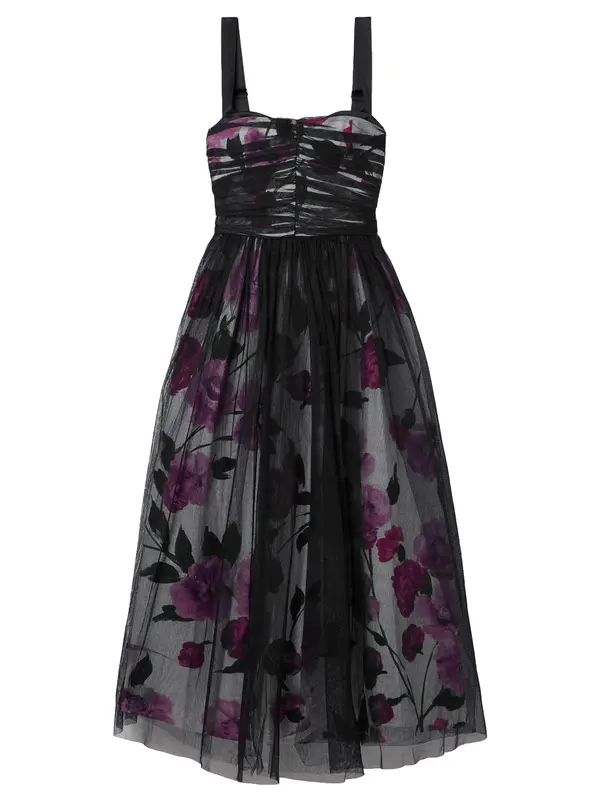 Erdem Layered Ruched Tulle And Floral-print Cotton-faille Midi Dress - Gray