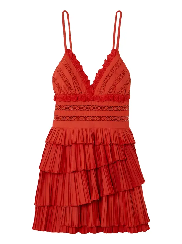 Sea Antonina Broderie Anglaise-trimmed Tiered Pleated Poplin Mini Dress - Red