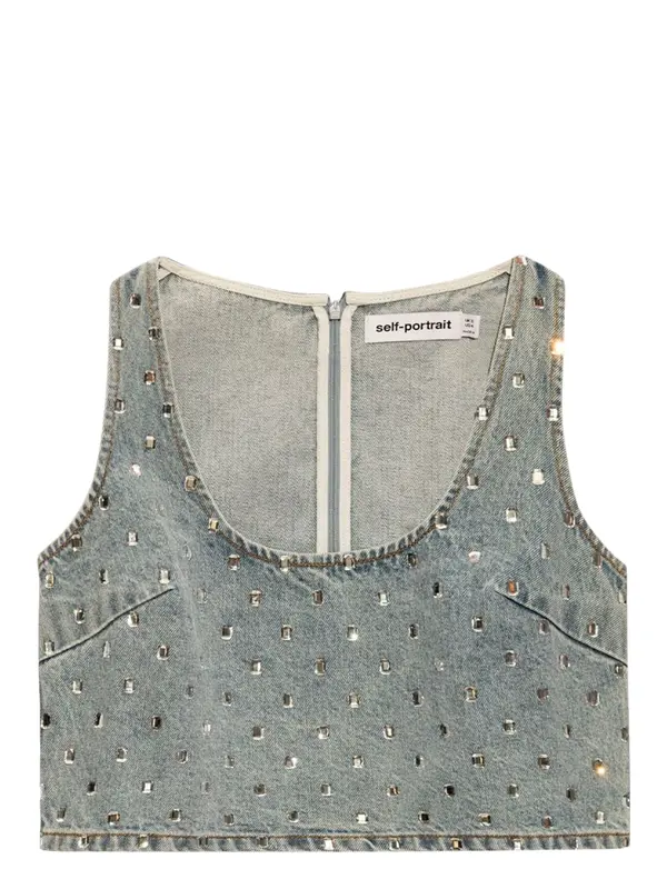 SELF-PORTRAIT Rhinestone-embellished Denim Top - Blue
