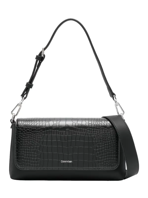 Calvin Klein Embossed Crocodile-effect Logo Plaque Shoulder Bag - Black