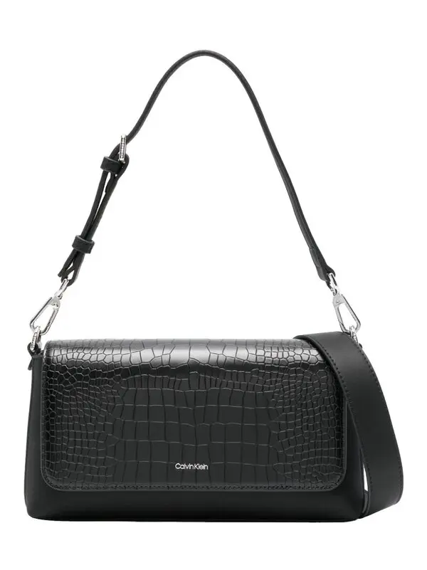 Calvin Klein Embossed Crocodile-effect Logo Plaque Shoulder Bag - Black