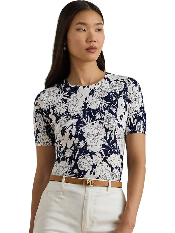 Ralph Lauren Floral Cotton-blend Short-sleeve Sweater - White/navy