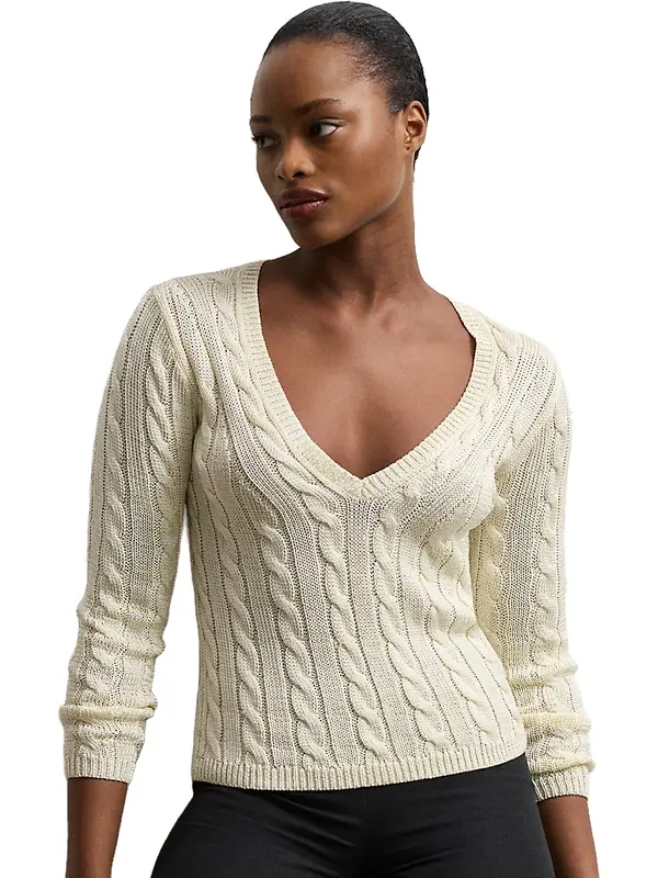 Ralph Lauren Cable-knit Silk V-neck Sweater - Lux Cream