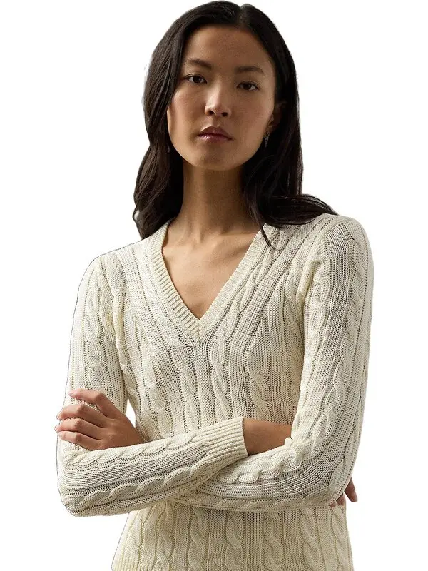 Ralph Lauren Cable-knit Silk V-neck Sweater - Lux Cream