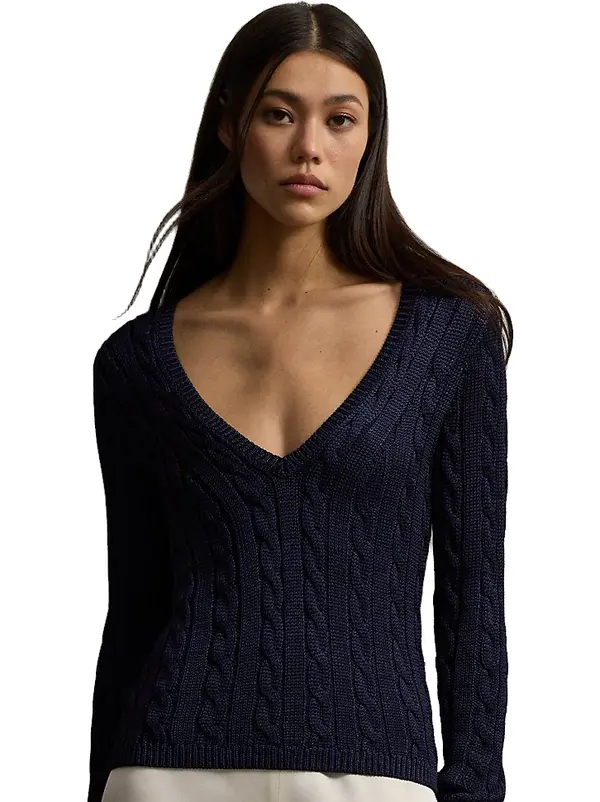 Ralph Lauren Cable-knit Silk V-neck Sweater - Lux Navy