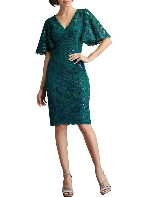 Tadashi Shoji Sequin Lace Bell Sleeve Cocktail Dress - Tea Leaf