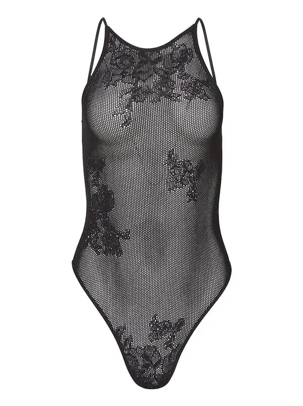 Fleur Du Mal Lace Pointelle Racer Bodysuit - Black