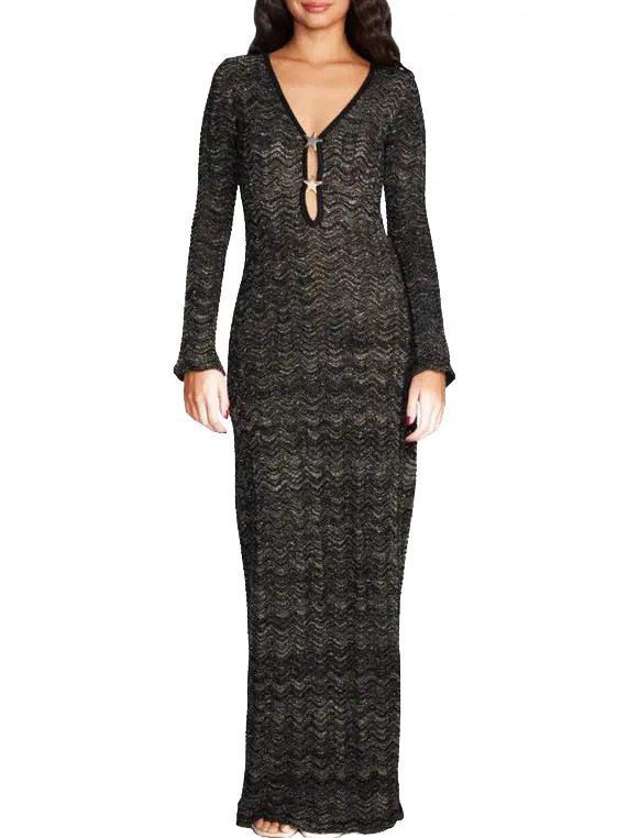 CAPITTANA Ella Star Metallic Long Sleeve Cover-up Maxi Dress - Black