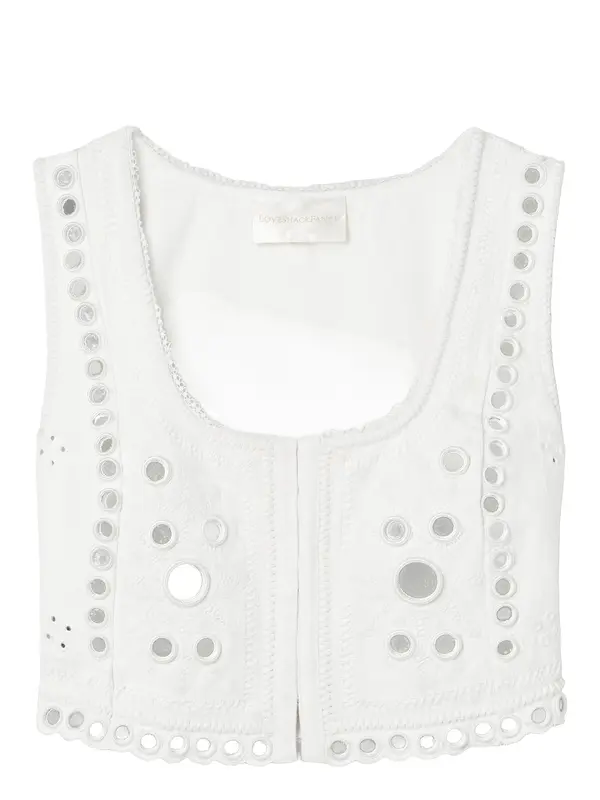 LoveShackFancy Cayman Cropped Paillette-embellished Embroidered Linen Top - White