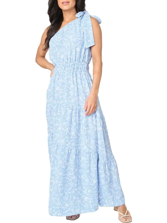 GIBSONLOOK Maya One-shoulder Asymmetric Tiered Maxi Dress - Powder Blue Print