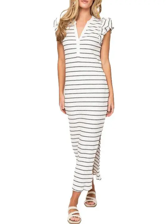 GIBSONLOOK Ruffle Cap Sleeve Rib Henley Maxi Dress - Black White Stripe