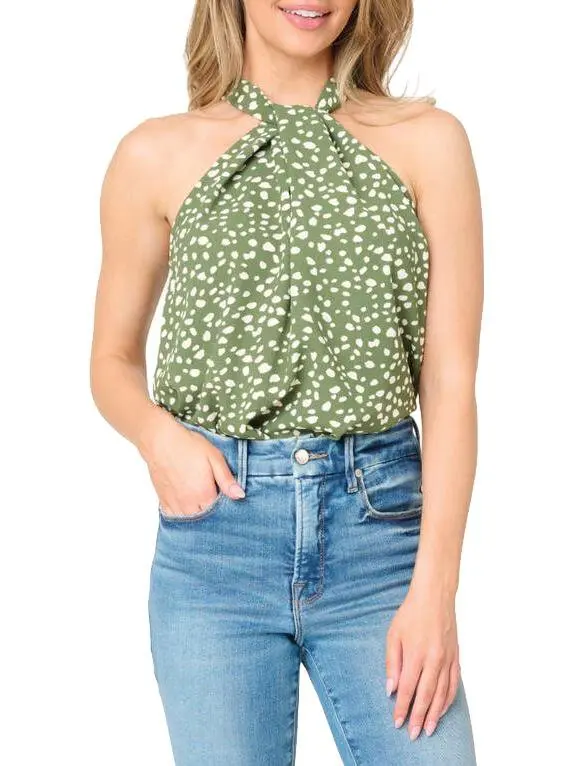 GIBSONLOOK Dot Print Twist Neck Top - Dark Olive Dot Print
